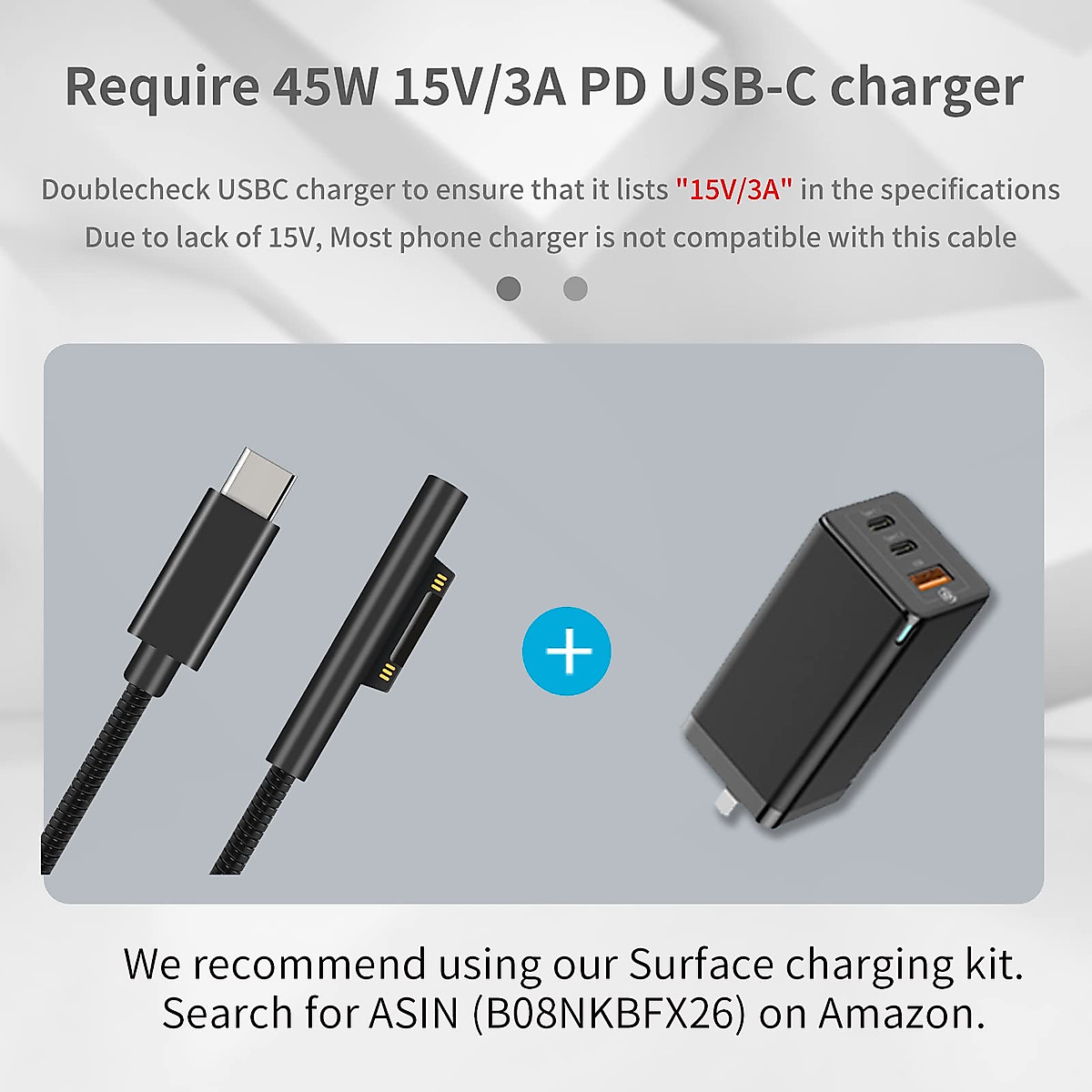 Sisyphy Metal Braided Surface Connect to USB-C Charging Cable (Bright Black 5ft), Compatible for Microsoft Surface Pro7 Go2 Pro6 5/4/3 Laptop3/2/1, Works with 45W 15V3A USBC Charger Power Supply