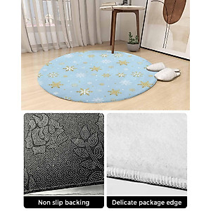 Snowflake Blue Fluffy Round Area Rug Carpets 3.3ft, Plush Shaggy Carpet Soft Circular Rugs, Non-Slip Fuzzy Accent Floor Mat for Living Room Bedroom Nursery Winter Christmas Contemporary Gold White
