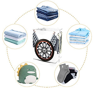 Large Foldable Waterproof Storage Baskets Collapsible Organizer with Carrying Handles for Nursery, Home Closet, Toys, Towels, Laundry - Checkered Racing Flag And Wheel