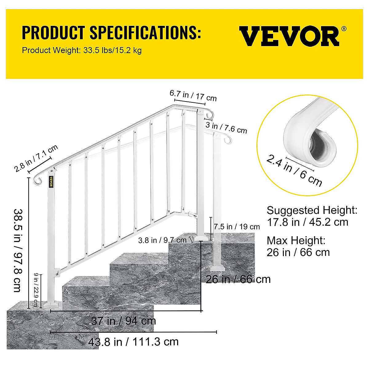 VEVOR Handrail for Outdoor Steps, 3-4 Steps White Fence Outdoor Handrail, Adjustable Metal Staircase Handrail, Thickened Stair Railings for Porch Railing, Deck Handrail