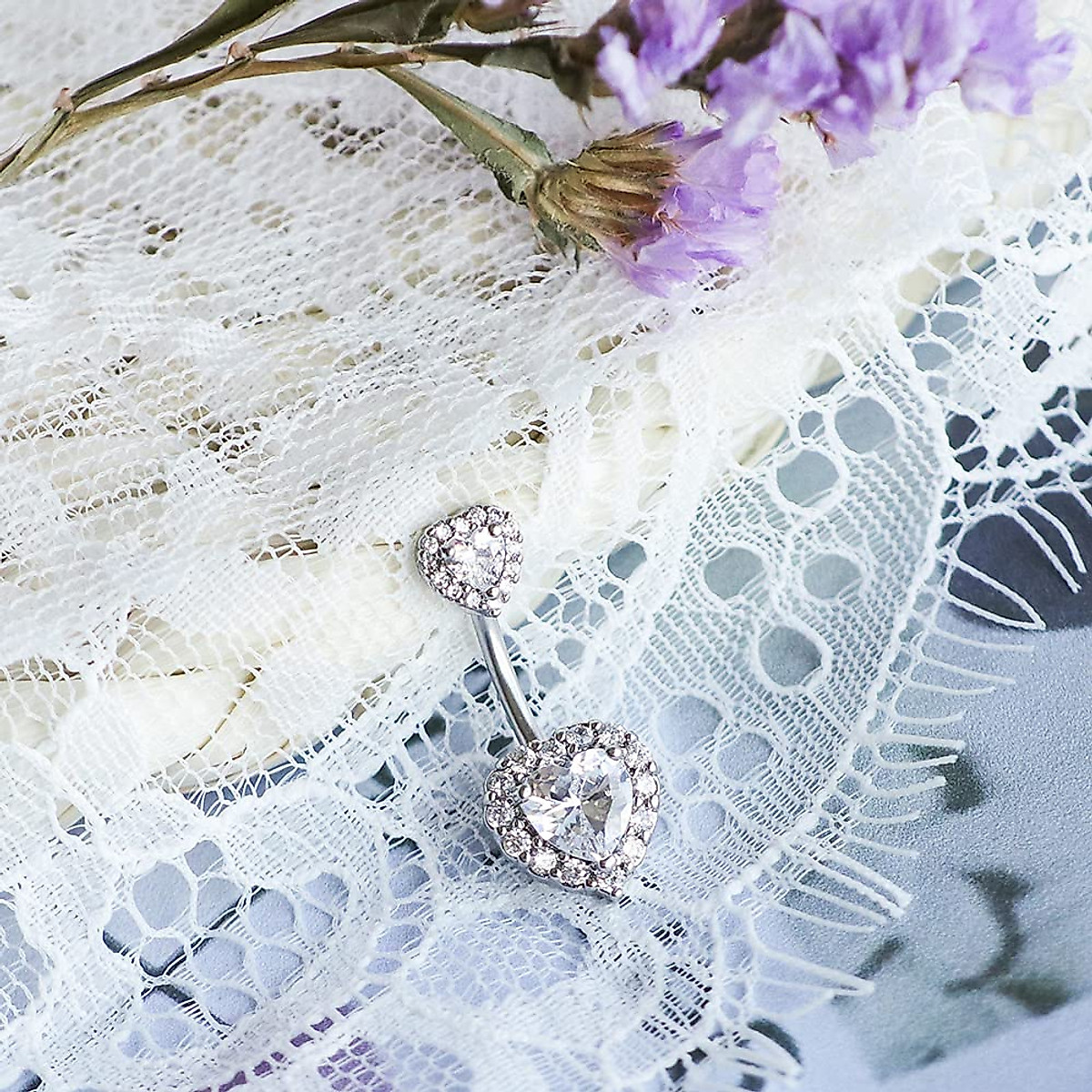 ClosJery Belly Button Rings Surgical Steel Pack Sexy Crystal Cute Dainty Zircon Goth Hippie Unique Heart Shaped Belly Button Rings Hypoallergenic Beach Jewelry for Bikini Women (Silver)