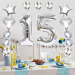 Ceqiny 40" 15th Number Balloon Mylar Balloon 18” Star Heart Foil Balloon 12” Sequins Latex Balloon for Birthday Party Wedding Bridal Shower Photo Shoot Anniversary Decor, Silver 15 Balloon Kit
