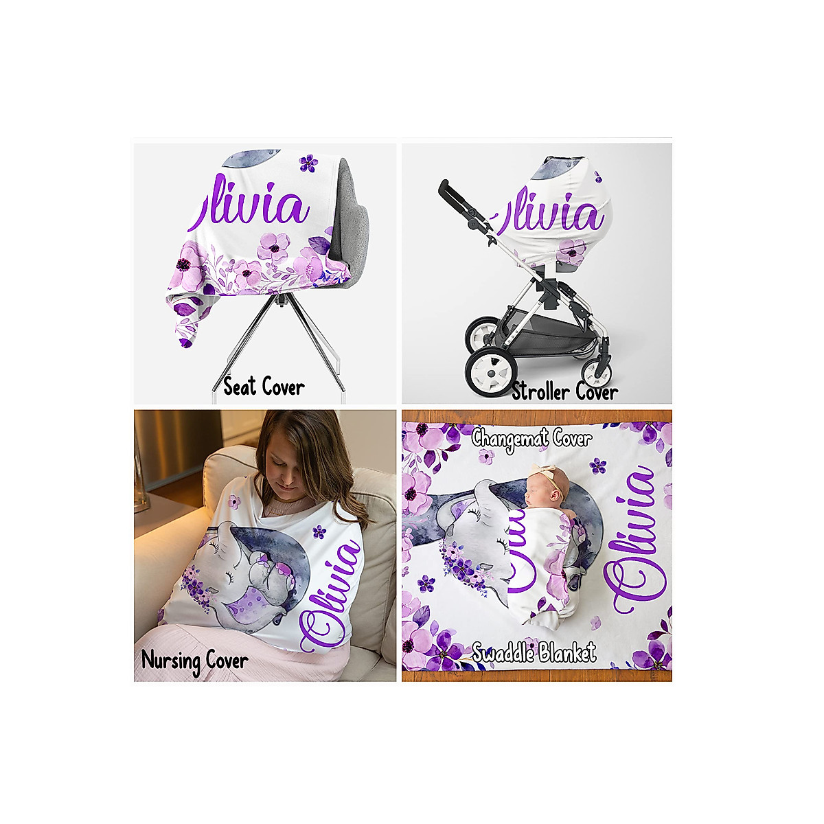 Personalized Cute Purple Elephant Animal Floral Baby Name Blanket Throw Fleece Swaddle Shower Super Soft Blanket Newborn Gifts for Baby Girl Daughter New Kid Bed Couch Sofa Decor