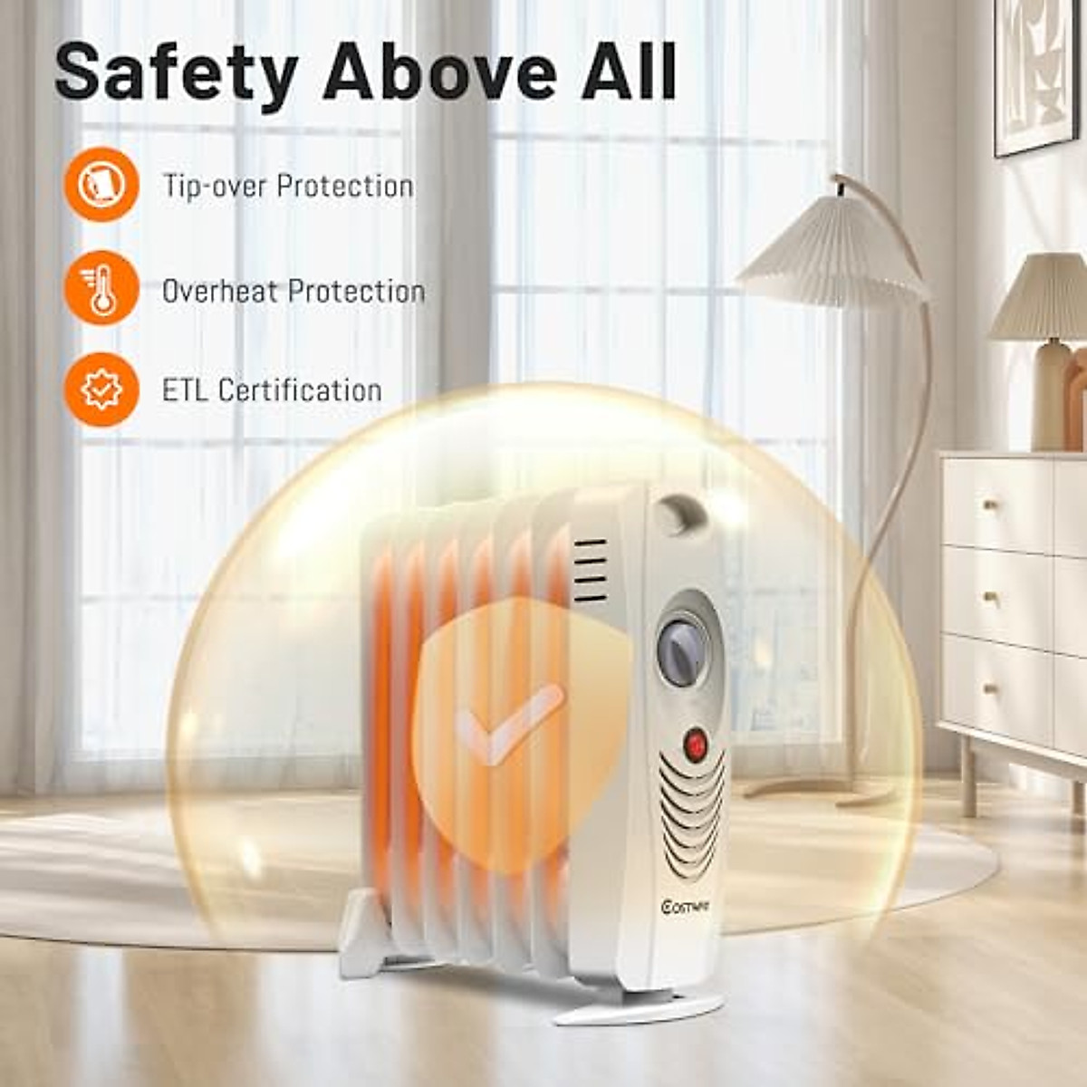 COSTWAY Oil Filled Radiator Heater, 700W Portable Space Heater with Adjustable Thermostat, Overheat Protection, Electric Heater for Bedroom, Indoor use