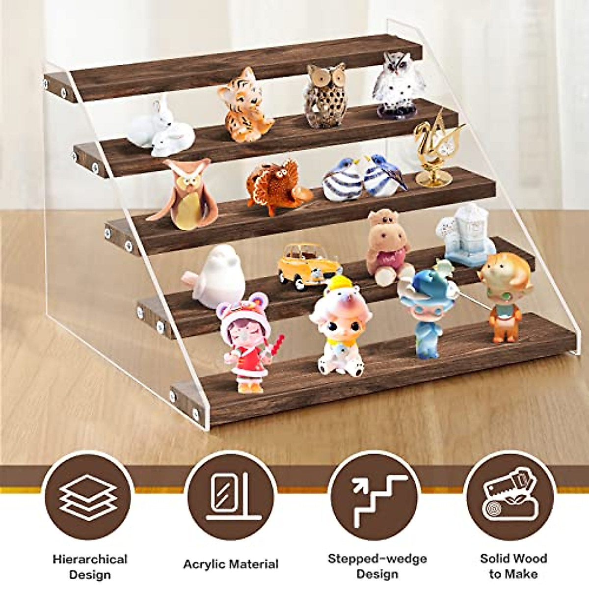 DILIBRA 5 Tier Wood Display Stand for Pop Figures, Clear Acrylic Display Riser Shelf for Vendors Amiibo Funko Cupcakes Perfumes Candies Cosmetics Decoration and Organizer