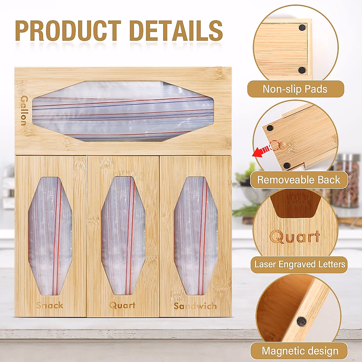 4 Pcs/Set Ziplock Bag Storage Organizer Food Storage Bag Holders Bamboo Kitchen Drawer Organizer Ziplock Bag Dispenser for Gallon, Quart, Sandwich, Snack Bags