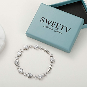 SWEETV Wedding Teardrop Bracelets for Brides Bridesmaids, Crystal Cubic Zirconia Bridal Bracelets for Women Prom, Silver
