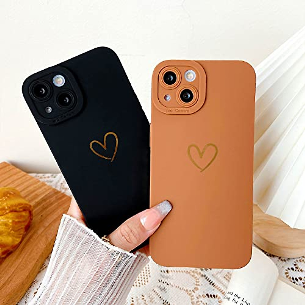SmoBea Compatible with iPhone 13 Case Luxury Gold Heart Pattern Soft Liquid Silicone Shockproof Case for Women Girls Side Cute Plated Heart Pattern Slim Phone Case (Black)