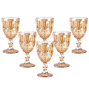 Vintage Wine Glasses Set of 6, 10 Ounces Colored Glass Water Goblets, Unique Embossed Pattern High Clear Stemmed Glassware Wedding Party Bar Drinking Cups Floral Golden Amber