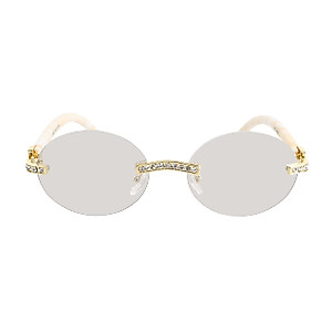 FLAWLESS EYEWEAR Retro Wood Buffs Vintage Style Gangster Rimless Clear Lens Oval Eye Glasses (Diamond Gold Cream, 55)