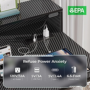 Rolanstar Computer Desk with LED Lights & Power Outlets, 47” Gaming Desk with Storage Shelves, Home Office Desk with Keyboard Tray & Monitor Stand, with Hooks, Carbon Fiber Surface Black