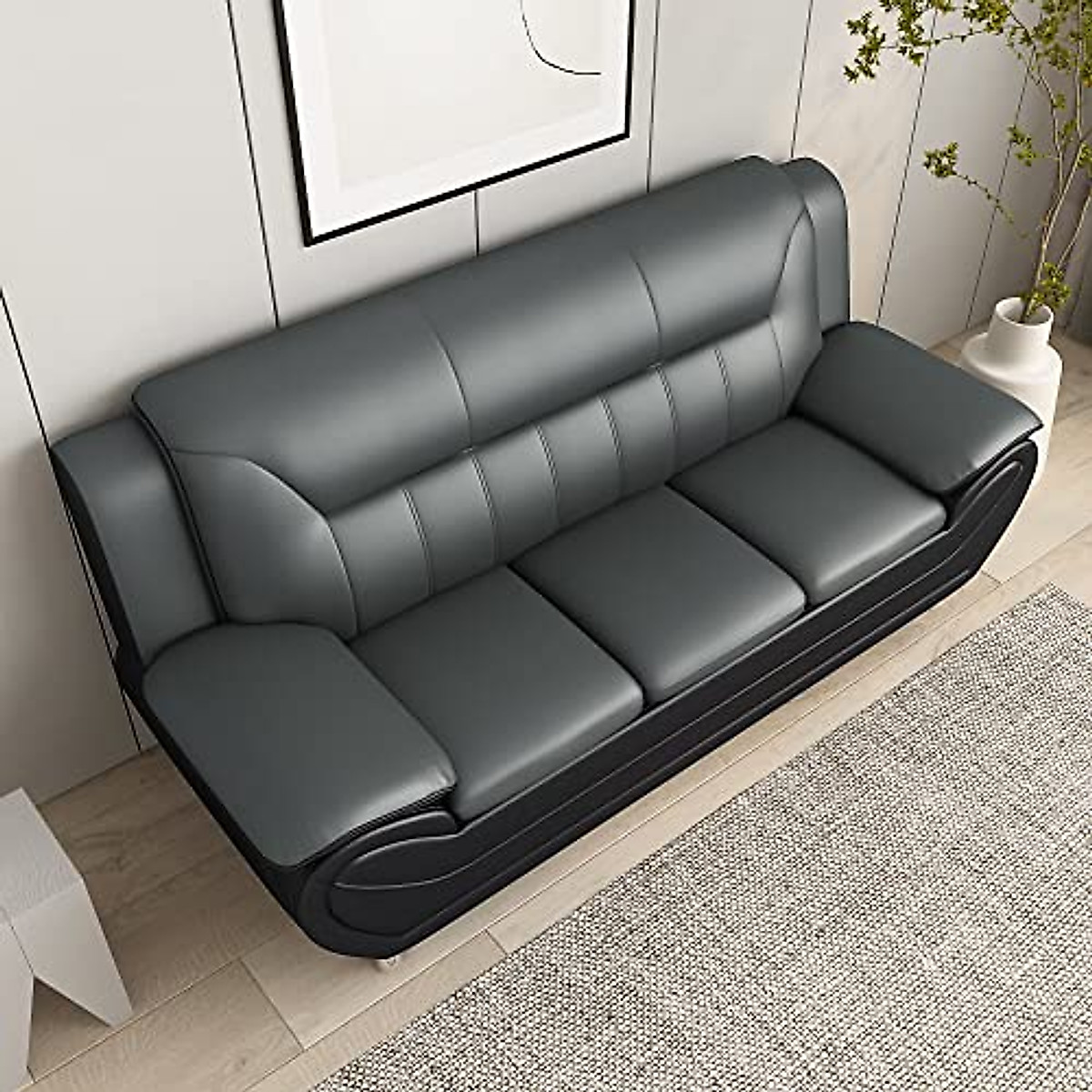 Container Furniture Direct Modern Style Faux Leather Sofa with Extra Comfortable Pillow Top Armrests Ideal for Living Room, Bedroom or Home Office Couch, 79.2’’ Wide, Grey/Black
