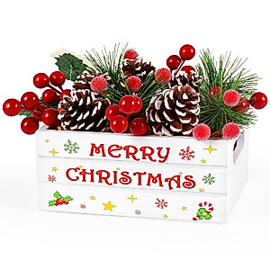 Christmas Table Centerpieces Mini Merry Christmas Wooden Crate, Christmas Tiered Tray Decorations Christmas Flower Arrangements with Pinecone Red Berries for Tiered Tray Shelf Table Kitchen Home Decor