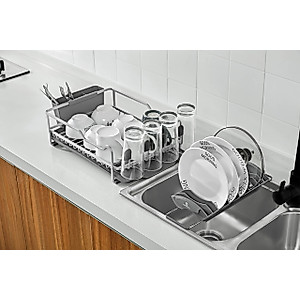 KK KINGRACK Aluminum Dish Rack with Expandable Over The Sink, in Sink Dish Drying Rack and Drain Broad, Removable Cutlery Holder, Anti-Scratch Cup Holder (112040)