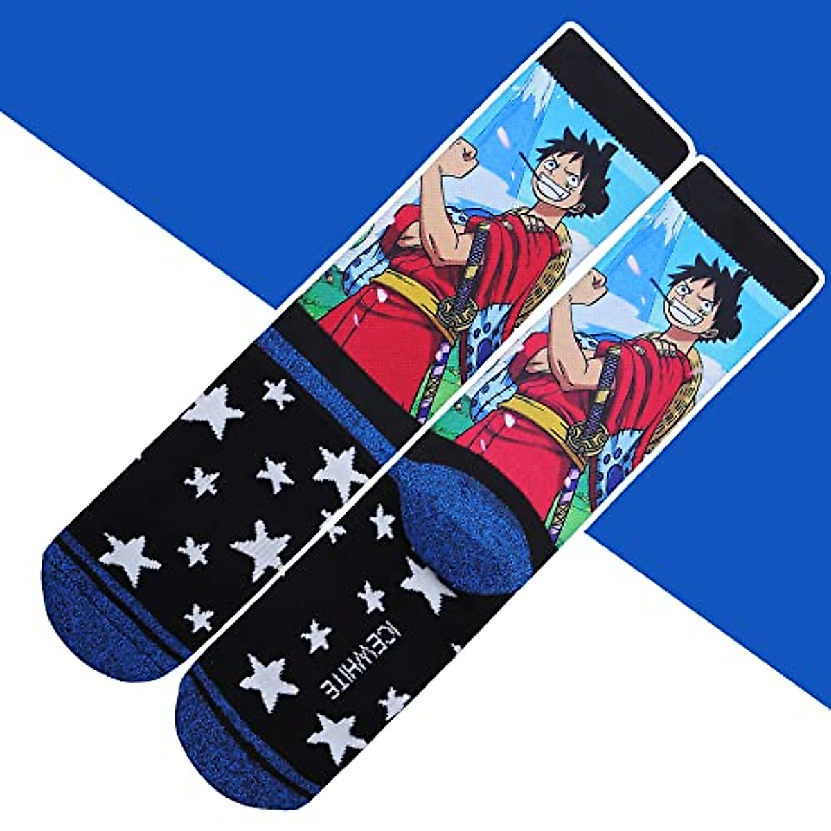 IamaCos One Piece Socks 3 Pack, Anime Patterned Colorful Stretch Athletic Socks Full Cushioned Crew Socks Casual, Unisex, Tony Tony Chopper + Luffy + Nami