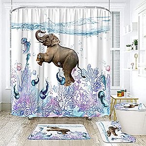 EUBTPA 4 Pcs Funny Elephant Shower Curtain Set with Rugs(Bath Mat,U Shape and Toilet Lid Cover Mat) and Hooks, Teal Coral Underwater Marine Life Animal Bathroom Decor