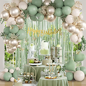 Sage Green Birthday Party Decorations with Happy Birthday Banner Green Fringe Curtain Butterfly Decorations Foil Balloons Happy Birthday Decorations for Women Adults