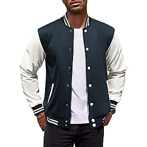 COOFANDY Mens Streetwear Varsity Jacket Letterman Jackets Baseball Bomber Wool Faux Leather Coats Navy Small
