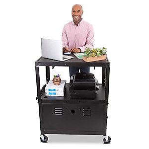Line Leader Extra Wide AV Cart with Locking Cabinet, Rolling Computer Desk, Height Adjustable Utility Cart with Pullout Keyboard Tray & UL-Listed Power Strip, Great for Projectors (42 x 32 x 20in)