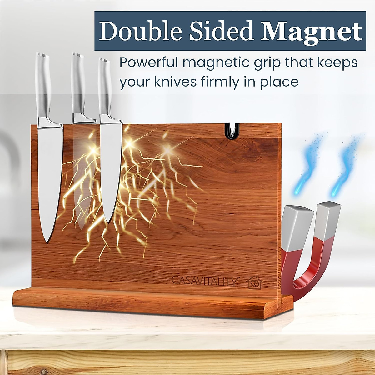 Acacia Wood Magnetic Knife Block 14 x 10" - Double Sided Magnet Knife holder - Magnetic Knife Board W/Knife Sharpener - Knife Holder for Kitchen Counter - Detachable Knife Display Stand