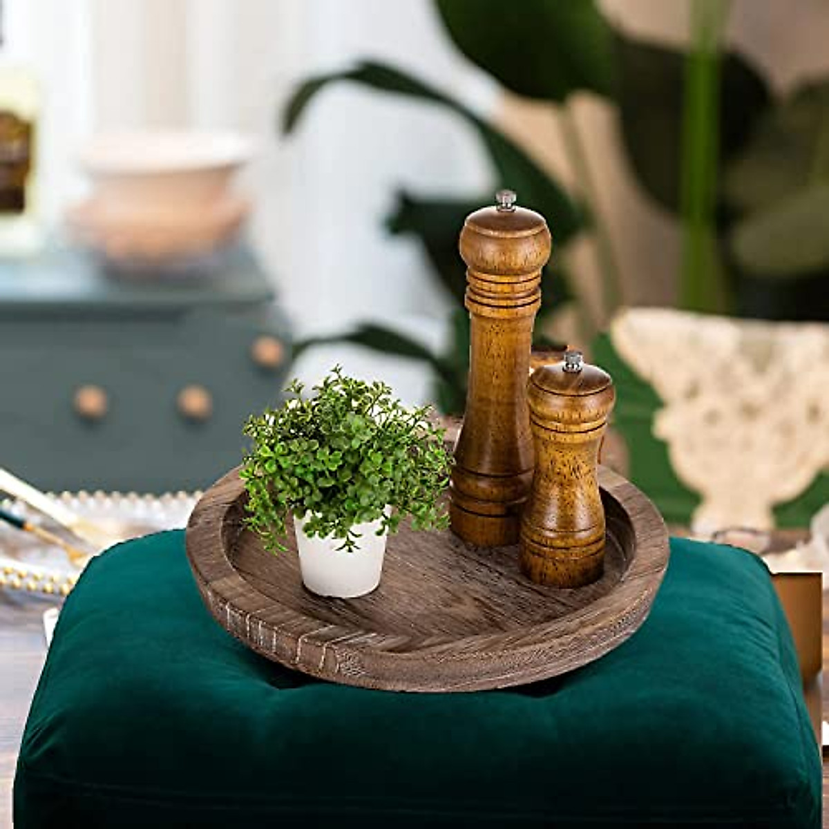 ICAROOM Rustic Wooden Serving Tray - Round Wood for Coffee Table, Candle Holder Home Decor, Small Tray, Decorative Trays Decor (8.07 in / 20.5 cm)
