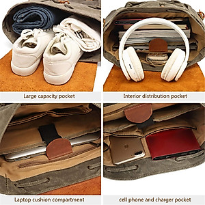 MUMAIS Military Style Waxed Canvas Backpack Laptop Genuine Leather(Oil Wax Waterproof) School Bag Vintage Computer Backpack For Men&Women,Professional Outdoor Hiking Travel Shoulder(Army Green)