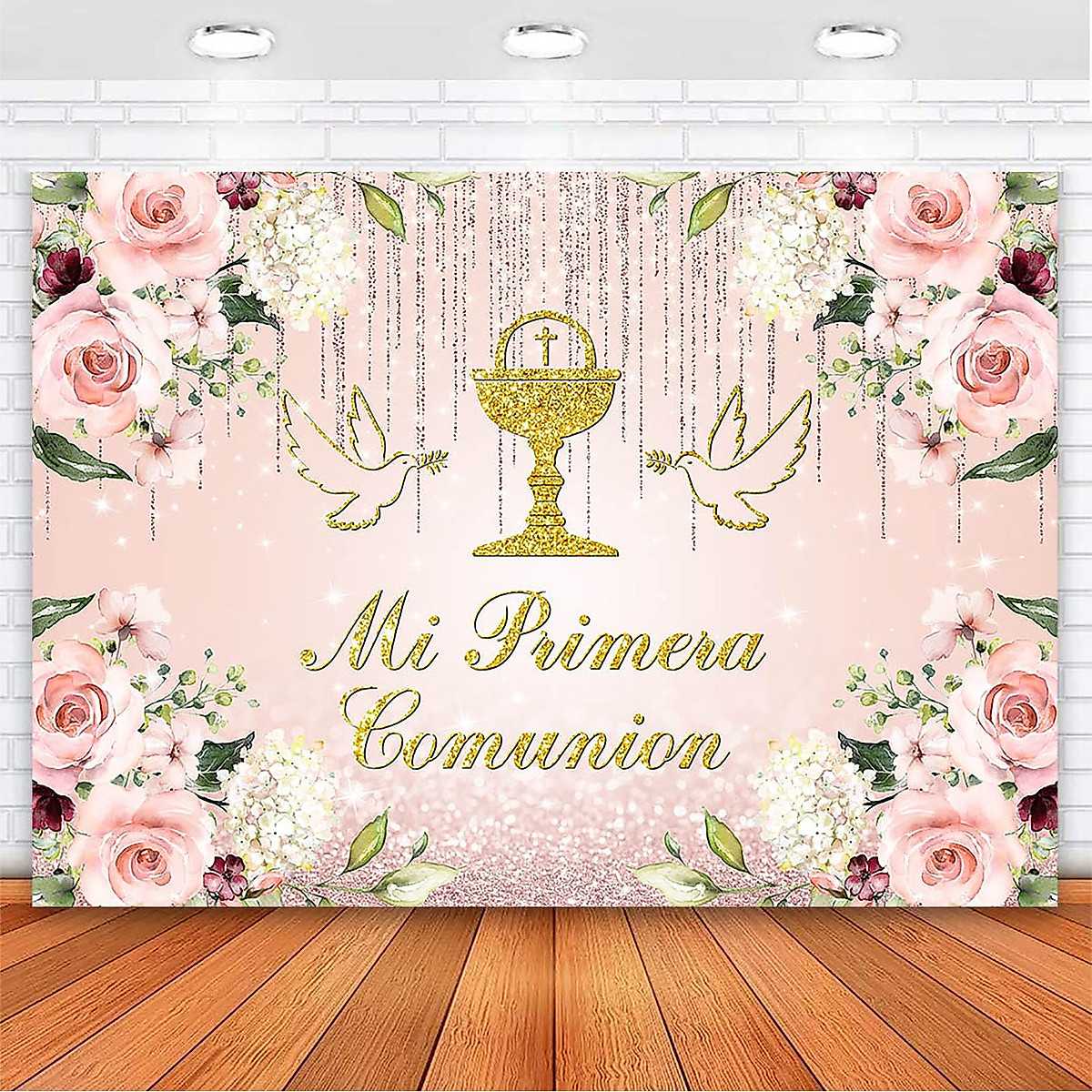 Avezano Mi Primera Comunion Backdrop Girls First Holy Communion Baptism Decorations Gold Grail God Bless Party Baby Shower Background (7x5ft, 83x59inch, Pink)