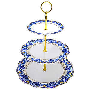 ACMLIFE 3 Tier Cupcake Stands for Dessert Table, Vintage Floral Round Cupcake Stand, Bone China Cake and Cupcake Stand for Party, Birthday, Weddings, Blue