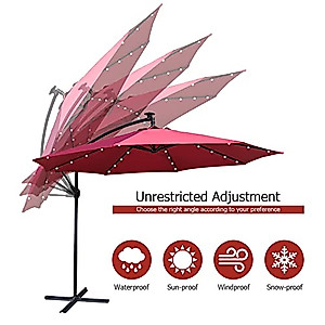 SUNLAX Solar Offset Umbrella, 10ft Cantilever Hanging Burgundy Umbrella with 32 LED Lights Market Deck Patio Umbrellas Cross Base Included
