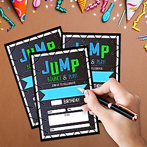 CLIRBE Trampoline Jump Birthday Party Invitations, Bounce House Birthday Invitations For Boys Girls, Kids Birthday Invites, Theme Birthday Party Decorations, 20 Invitations with 20 Envelopes - B02