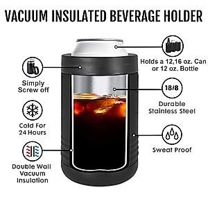 Stainless Steel 12 oz Double Wall Vacuum Insulated Can or Bottle Cooler Keeps Beverage Cold for Hours Beverage Holder Fits 16 oz Cans - Men Women Gift (Black)