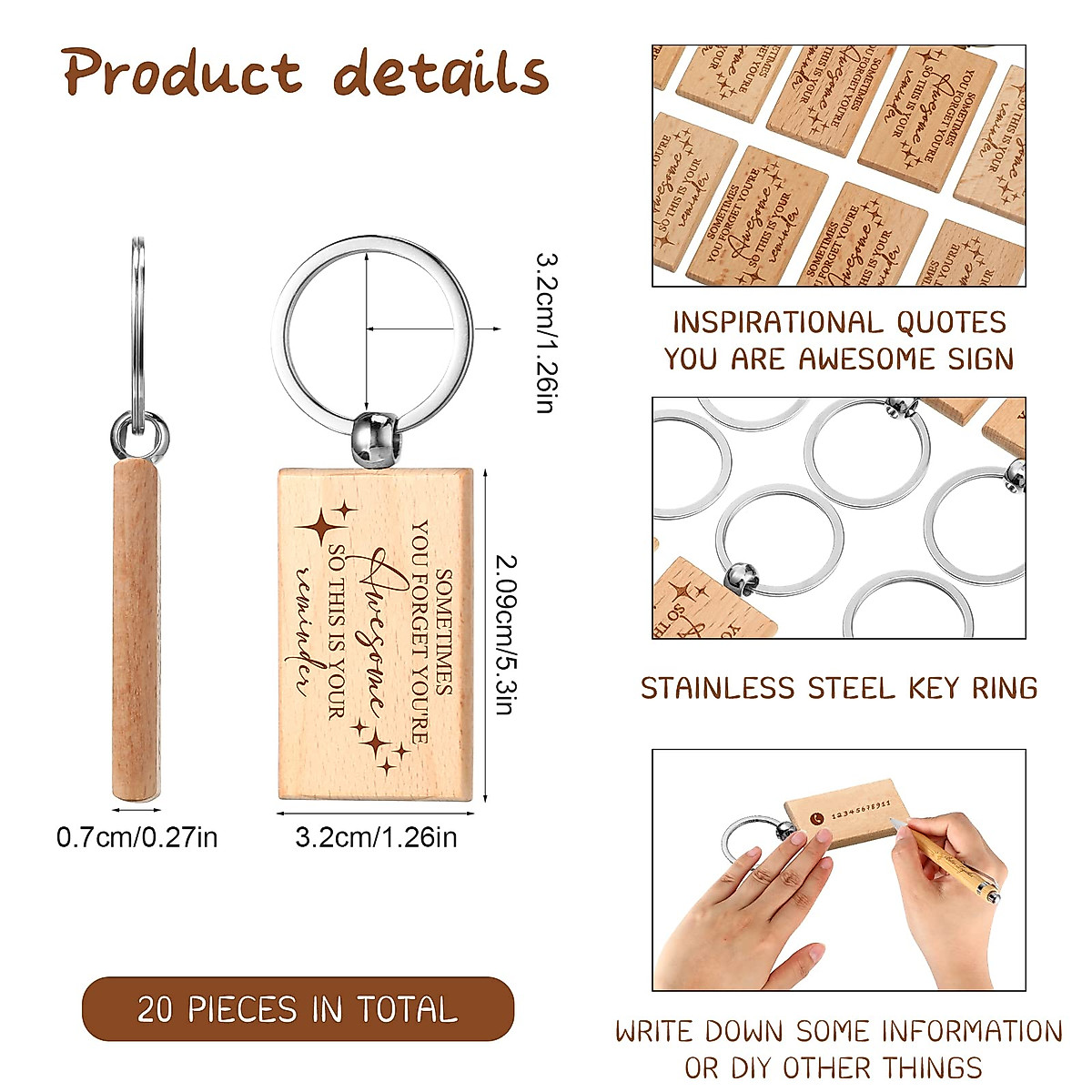 Fumete 20 pcs Employee Appreciation Gifts Keychains Bulk Inspirational You Are Awesome wooden Keychains for Staff Teacher Social Worker