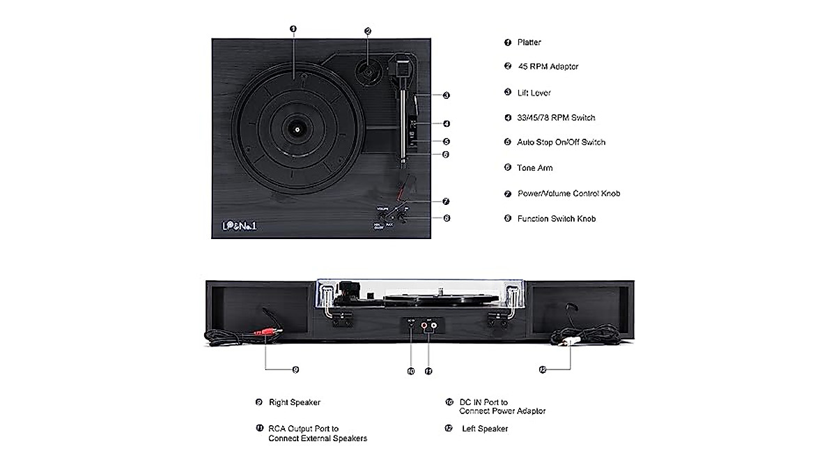 LP&No.1 Vinyl Record Player with Stereo Bookshelf Speakers, Vintage Wood Finish, 3-Speed Belt ...