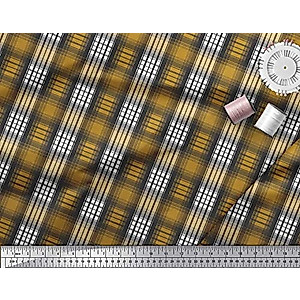 Soimoi Gold Cotton Canvas Fabric Plaid Check Print Fabric by The Yard 56 Inch Wide