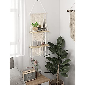 SUMGAR Macrame Wall Hanging Shelves 2 Tier - Boho Hanging Plant Shelf for Wall, Wood Color Woven Rope Floating Shelf, Boho Shelf Window, Bedroom, Bathroom Indoor Wall for Mother's Day, Birthday