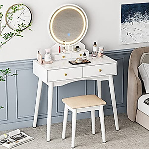 Furmax Vanity Desk Makeup Vanity Table with Lighted Mirror Vanity Set with Modern Desktop, Soft Cushioned Stool, 4 Storage Drawers, 3 Colors Mirror Brightness Adjustable (White)