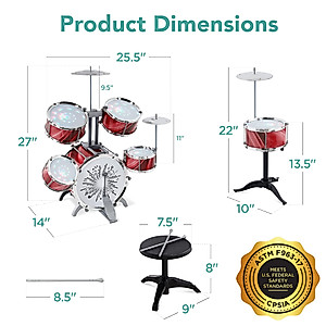 Best Choice Products 18-Piece Kids Beginner Drum Kit, Musical Instrument Toy Drum Set for Music Practice w/LED Lights, Bass, Toms, Snare, Cymbal, Stool, Stand Drumsticks - Red