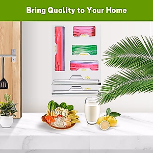 Tclouda Bag Organizer for Ziplock, Foil and Plastic Wrap Organizer, 6 in 1, Bamboo Dispenser with Cutter for Kitchen Drawer and Wall Mounted, Storage for Gallon, Quart, Sandwich, Snack, White