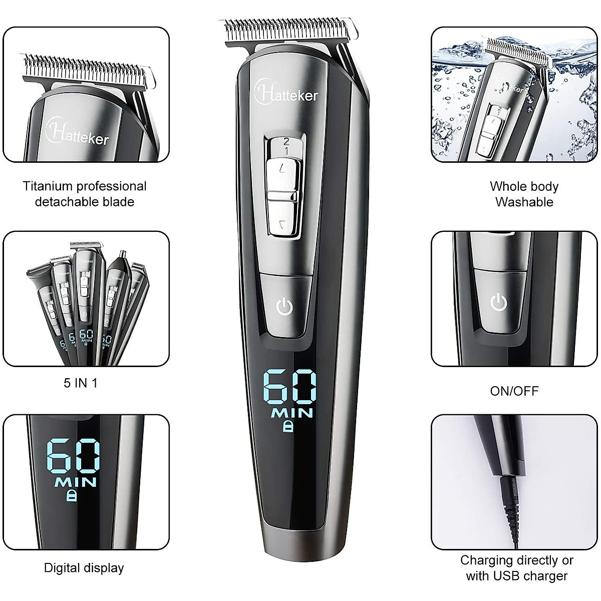 Hatteker Hair Clipper Beard Trimmer Kit for Men Cordless Hair Mustache Trimmer Hair Cutting Groomer Kit Precision Trimmer Waterproof USB Rechargeable 5 in 1