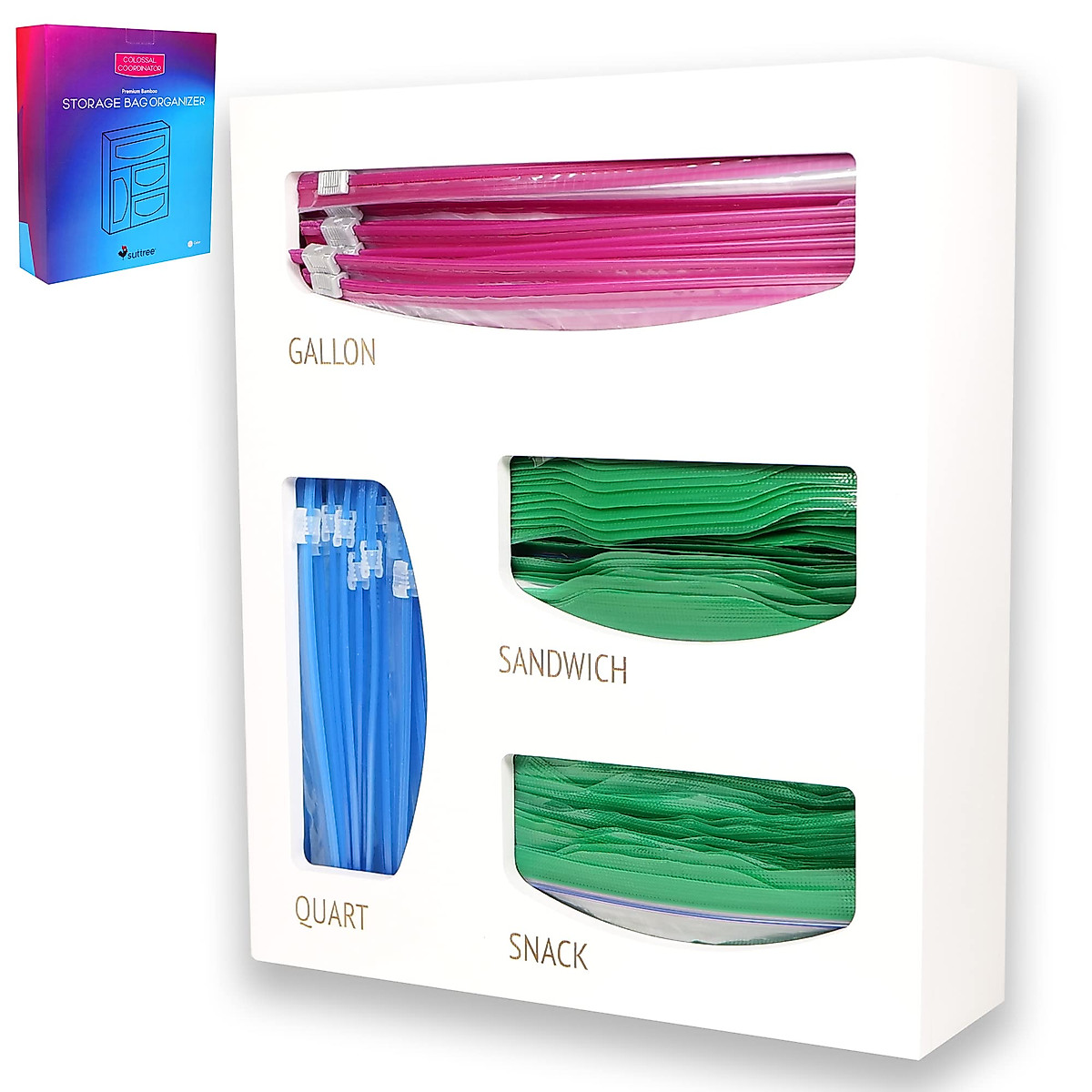 SUTTREE Colossal Coordinator White Bamboo Plastic Bag Organizer for Drawer – Holds All Slider Sandwich Bags