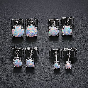 GEMSME 18K White Gold Plated 3/4/5/6mm Round Opal Stud Earrings Pack of 4