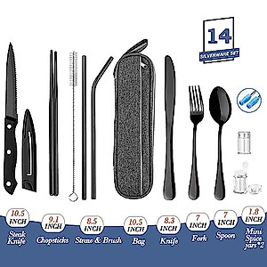 Portable Reusable Travel Utensils Silverware with Case,Travel Camping Cutlery set,Chopsticks and Straw, Flatware Cutlery Set with Case, Stainless steel Travel Utensil set Top (Black)
