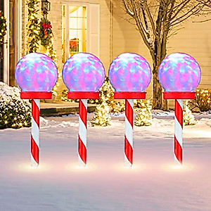 EAMBRITE 4PK RGB Ball Candy Cane Pathway Markers Light with Rotating Projector Waterproof Outdoor Stake Lights Decorative for Pond Garden Patio Landscape