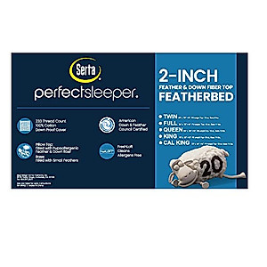 Serta Feather and Down Fiber Pillow Top Mattress Topper Queen Size - 233 Thread Count 100% Cotton Mattress Pad Ultra Soft 2-Inch Support Feather Bed-White