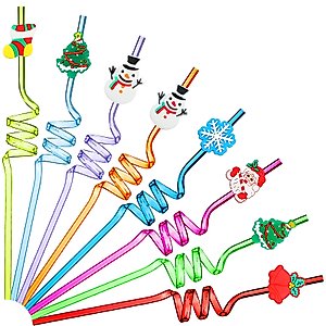 24 Pieces Christmas Drinking Straws Reusable Xmas Theme Party Plastic Straw, Santa Claus Snowman Christmas Tree Baby Shower Colorful Cartoon Straws for Christmas Birthday Party Favors, 8 Styles