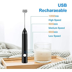 Fivtyily Milk Frother Handheld Rechargeable Foam Maker for Lattes, Electric Drink Mixer with 2 Whisks for Bulletproof Coffee, Mini Foamer for Cappuccino Frappe Matcha Hot Chocolate,16 Pcs Art Stencils