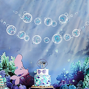 Cheerland Transparent Blue Under the Sea Happy Birthday Banner for Kids Ocean Bday Party Decoration Fish Bubble Garland Hanging Under Sea Birthday Decor for Little Mermaid Birthday Decoration Streamer