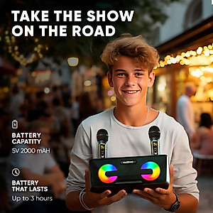 MASINGO Karaoke Machine for Adults and Kids with 2 Wireless Microphones, Portable Bluetooth Singing Speaker, Colorful LED Lights, PA System, Lyrics Display Phone Holder, and TV Cable. Presto G2 Black