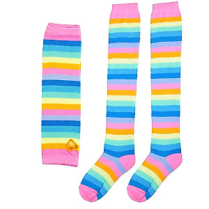 SherryDC Womens Girls Cosplay Rainbow Striped Knee High Socks Leg Arm Warmer Fingerless Gloves Set