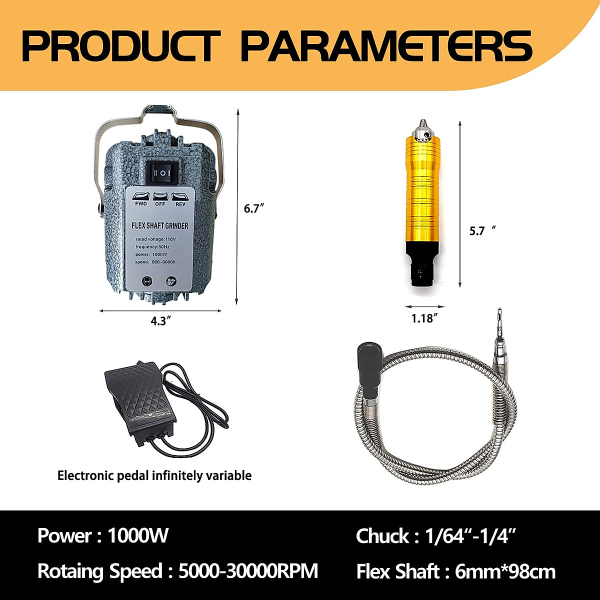 TUNTROL 1000W 30000RPM Flex Shaft Rotary Tool, Thicken 1/4" Flexible Shaft with Stepless Speed Foot Pedal, Hanging Grinder Carver Electric Multi-function Metalworking Tools Repair Kit